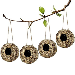 winemana 4 Pack Hanging Hummingbird Nest House for Outside, Ball Shape, Hand Woven, Durable Sturdy, Made of Natural Grass, Perfect for Garden Patio Lawn Office Indoor
