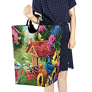 Kaariok Spring Birds Sunflower Animal Floral Laundry Hamper with Handles Waterproof Collapsible Storage Basket Large Dirty Clothes Bin for Laundry Room, 22.7 Inches