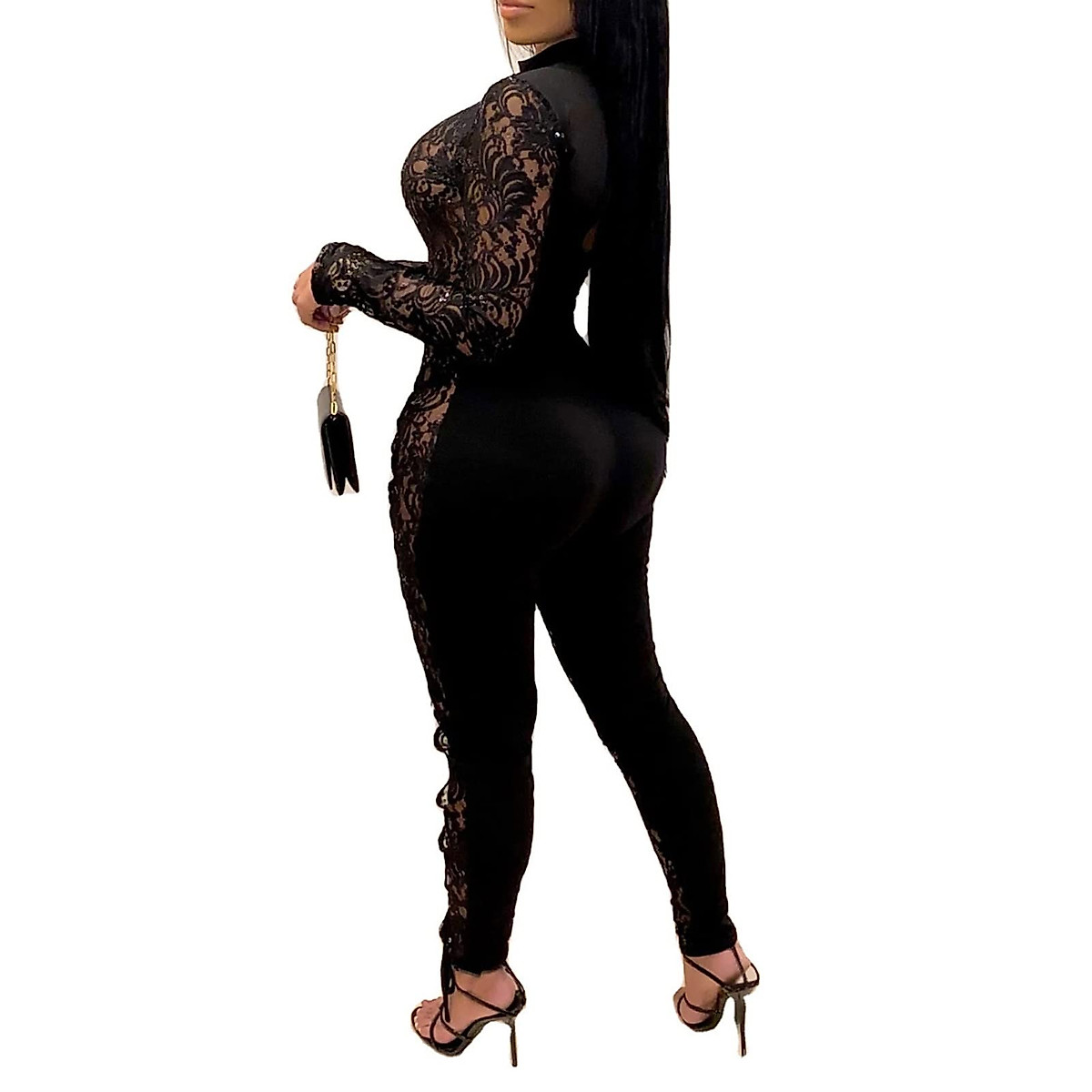 Maiyifu-GJ Women's Floral Lace Bodycon Jumpsuit Long Sleeve See Through Mesh Romper Criss Cross Hollow Out Teddy Clubwear (Black,Small)
