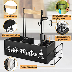 Grill Utensil Caddy, Picnic Condiment Caddy, BBQ and Grill Caddy with Paper Towel Holder & Paper Plate Holder. Grilling Caddy with Wood Handle & 2 Hooks, Multi-use Storage Organizer for Outdoor Grill