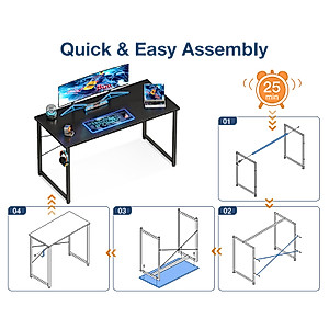 Casaottima 48 Inch Small Computer Desk for Home Office, Study Writing Table for Small Spaces, Simple Modern Desk with Headphone Hooks, Black