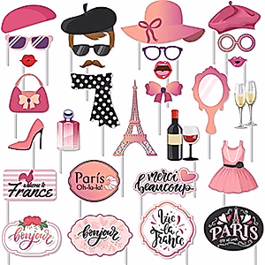 30 pcs Paris Photo Props Paris Party Photo Booth Props Kit Paris Themed Decoration French Photo Booth Props, Eiffel Tower, for oh la la Baby Shower Birthday Paris Theme Party Supplies