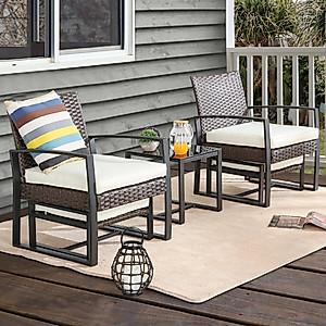 PatioFestival Patio Conversation Set 5 Pieces Outdoor Wicker Furniture Sets Chairs with Ottoman 3.1" Thickness Cushions (Beige)