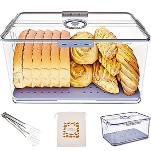 Bread Box for Kitchen Counter Airtight with Bread Bag & Tongs, Bread Storage Container with Time Recording Lid for Homemade Bread, Bread Keeper for Loaf, Toast, Bagel, Donut, Bread Saver Holder (Grey)
