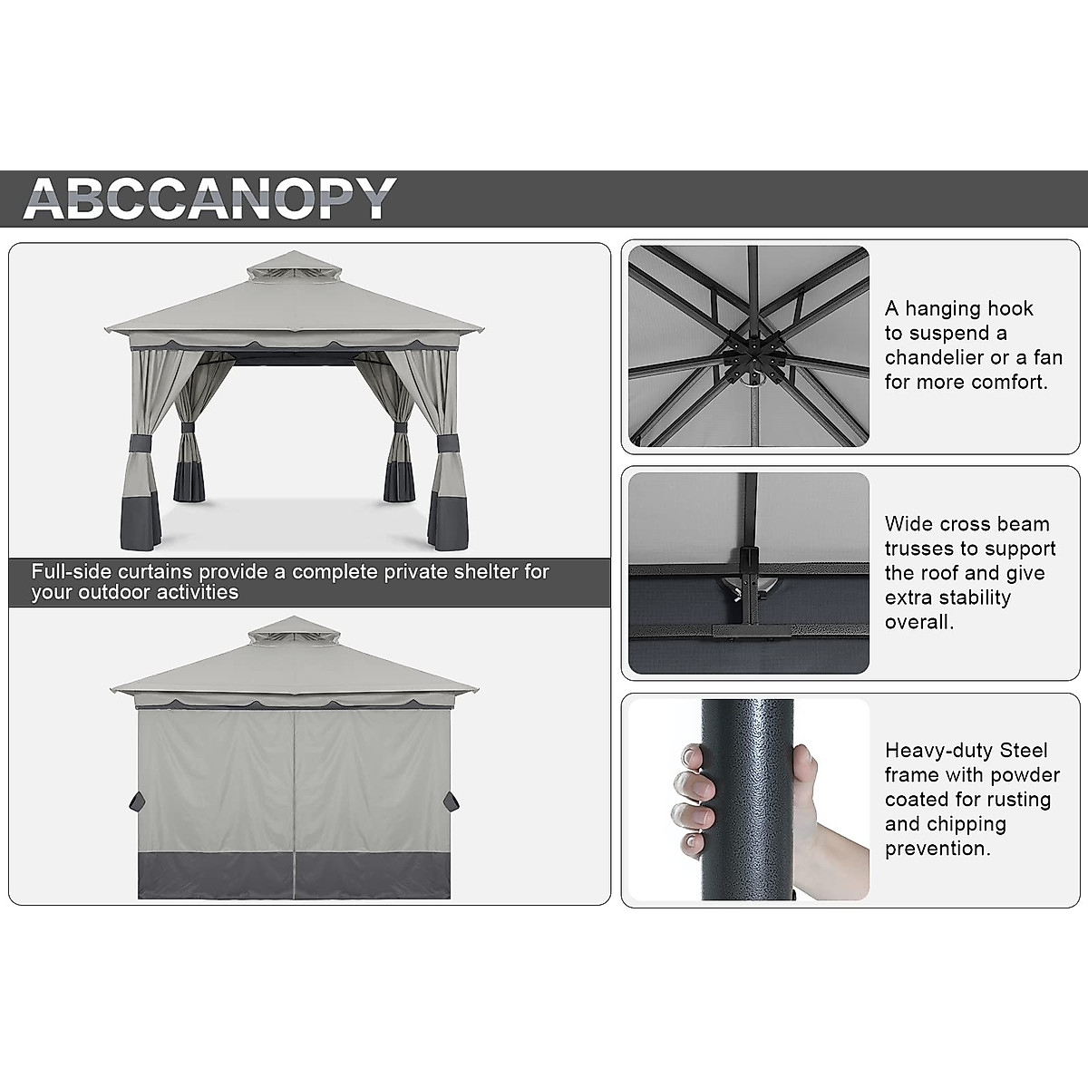 ABCCANOPY 8'x8' Outdoor Gazebo, Double Roof Patio Gazebo with and Shade Curtains, Light Gray