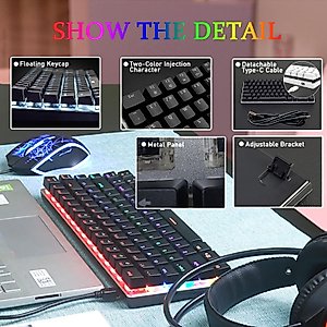 LexonElec RGB LED Backlit Wired Mechanical Gaming Keyboard,AK33 82 Keys Compact Metal Panel Computer Keyboard with 20 Lighting Effect Modes for Windows PC Gamers(RGB Black Switch)