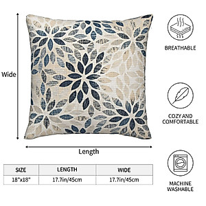 Dahlia Pillow Covers 18x18 Inch Set of 2 Summer Rust Geometric Flower Outdoor Decorative Throw Pillows Farmhouse Navy Blue Pillow Case Linen Square Cushion Cover for Home Sofa Bedroom Living Room