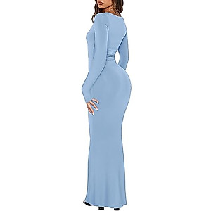 REORIA Womens Sexy Casual Scoop Square Neck Long Sleeve Soft Lounge Long Dress Fall Wedding Guest Elegant Ribbed Bodycon Maxi Dresses Blue Large