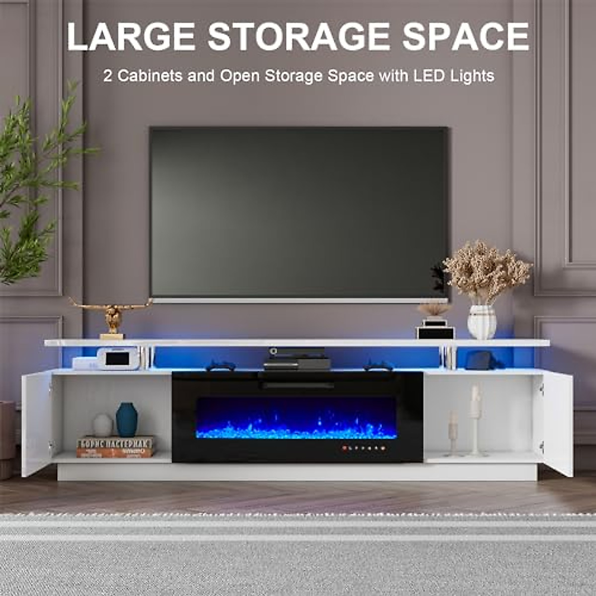 LUXOAK 80" Fireplace TV Stand, Modern High Gloss Finish Media Console with 40" Electric Fireplace, Open Storage Entertainment Center for TVs Up to 90" with LED Lights, White