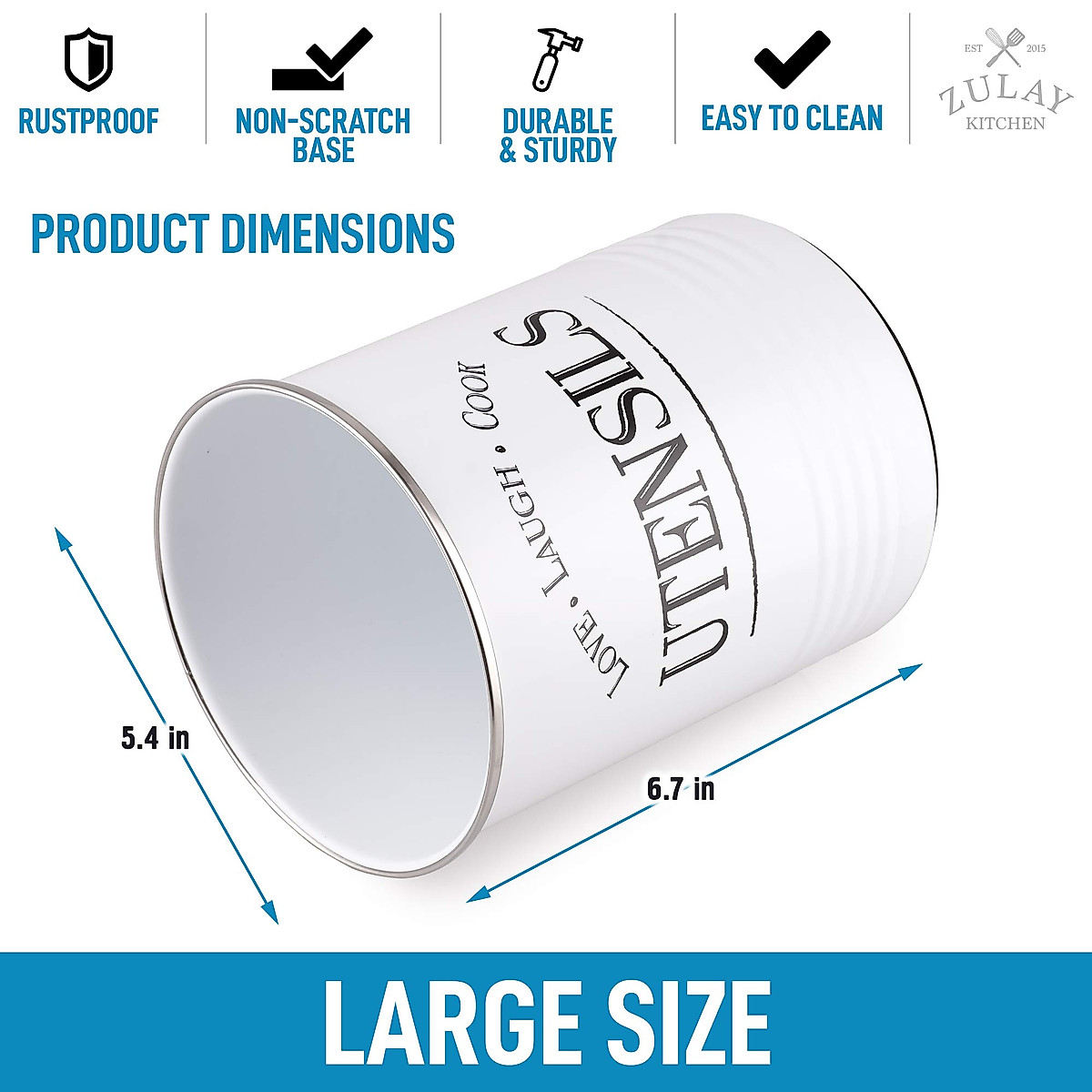 Zulay Large Utensil Crock Storage Organizer - Kitchen Utensil Holder For Countertop With Padded Base - Large Utensil Holder With Rustic Farmhouse Design For Home & Kitchen Decor (White)