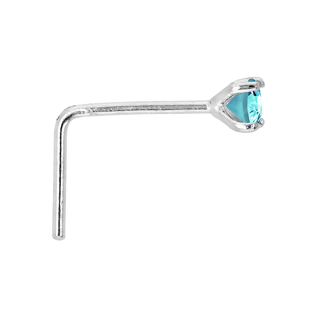 22G Solid 14Kt Gold L-Shape Nose Stud with real Blue Topaz Gemstone, 14kt Yellow Gold or 14kt White Gold Prong Setting - December Birthstone Nose Ring-LSWG_TP-2.5MM
