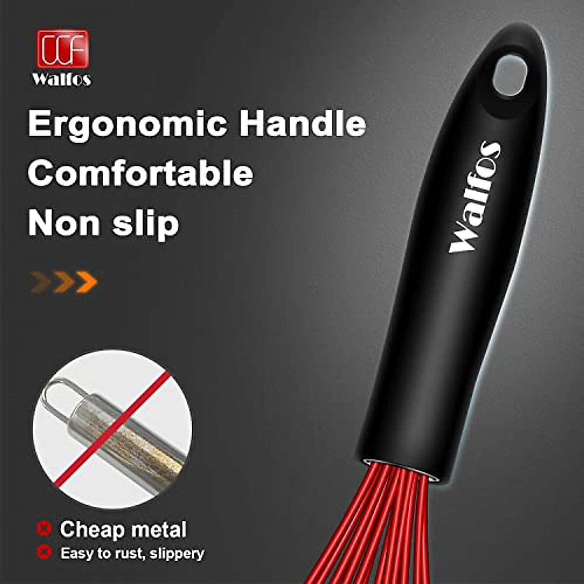 Walfos Silicone Balloon Whisk, Heat Resistant Non Scratch Coated Kitchen Whisks for Cooking Nonstick Cookware, Balloon Egg Wisk Perfect for Blending, Baking, Beating, Set of 3,Red,Blue,Green