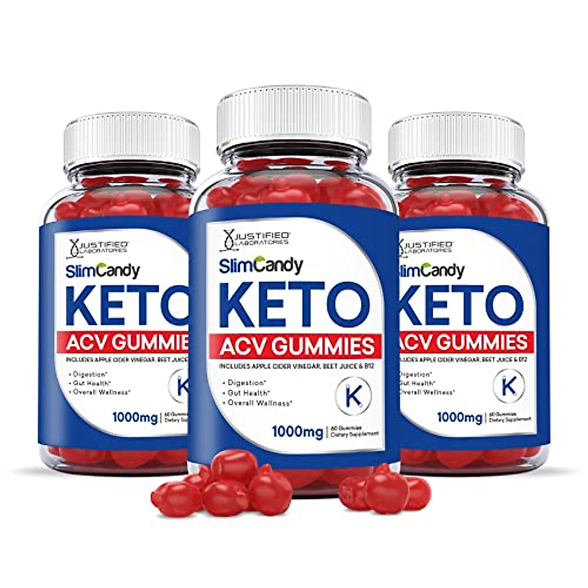 Justified Laboratories (3 Pack) Slim Candy Keto ACV Gummies 1000MG with Pomegranate Juice Beet Root B12 180 Gummys