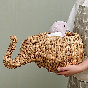 Synovana Rattan Storage Basket Elephant Wicker Storage Basket Animal Shaped Handwoven Water Hyacinth Rattan Storage Basket Organizer for Bedroom Living Room Laundry Room - Elephant