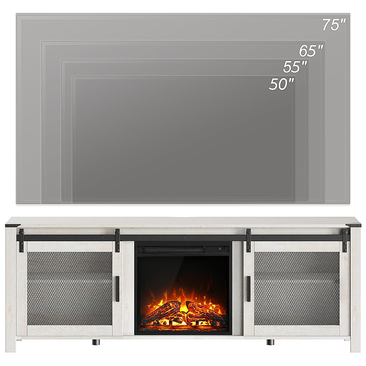 WAMPAT Fireplace TV Stand for ups to 75 inch TV,Industrial & Farmhouse Sliding Barn Door Media Console,Rustic Entertainment Center Cabinet for Living Room Bedroom,White