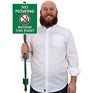 SmartSign 12 x 10 inch “No Mowing Beyond This Point” LawnBoss Yard Sign with 3 foot Stake, 40 mil Laminated Rustproof Aluminum, Red, White and Green, Set of 1, Made in USA