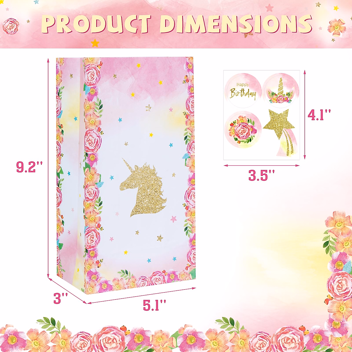 DECORLIFE 24PCS Unicorn Party Favor Bags, Unicorn Goodie Bags for Girls' Birthday Party, Perfect for Girls, Kids, Boys, Stickers Included, 4 Styles