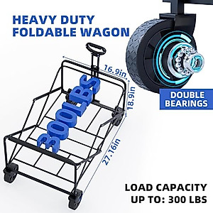Collapsible Foldable Wagon Cart with All Terrain Solid Wheels, Heavy Duty Folding Utility Grocery Wagon with 300lbs Weight Capacity Portable Garden Cart for Shopping,Sports,Fishing,Beach,Black