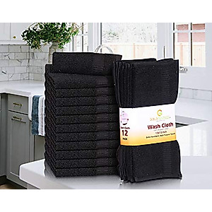 GOLD TEXTILES 100% Cotton Washcloth - 12 Pack | 13x13 inches | Black - Ultra Soft, Highly Absorbent, Long Lasting and Quick Drying - Hotel & Spa Collection Cool Feel Fingertip Towels