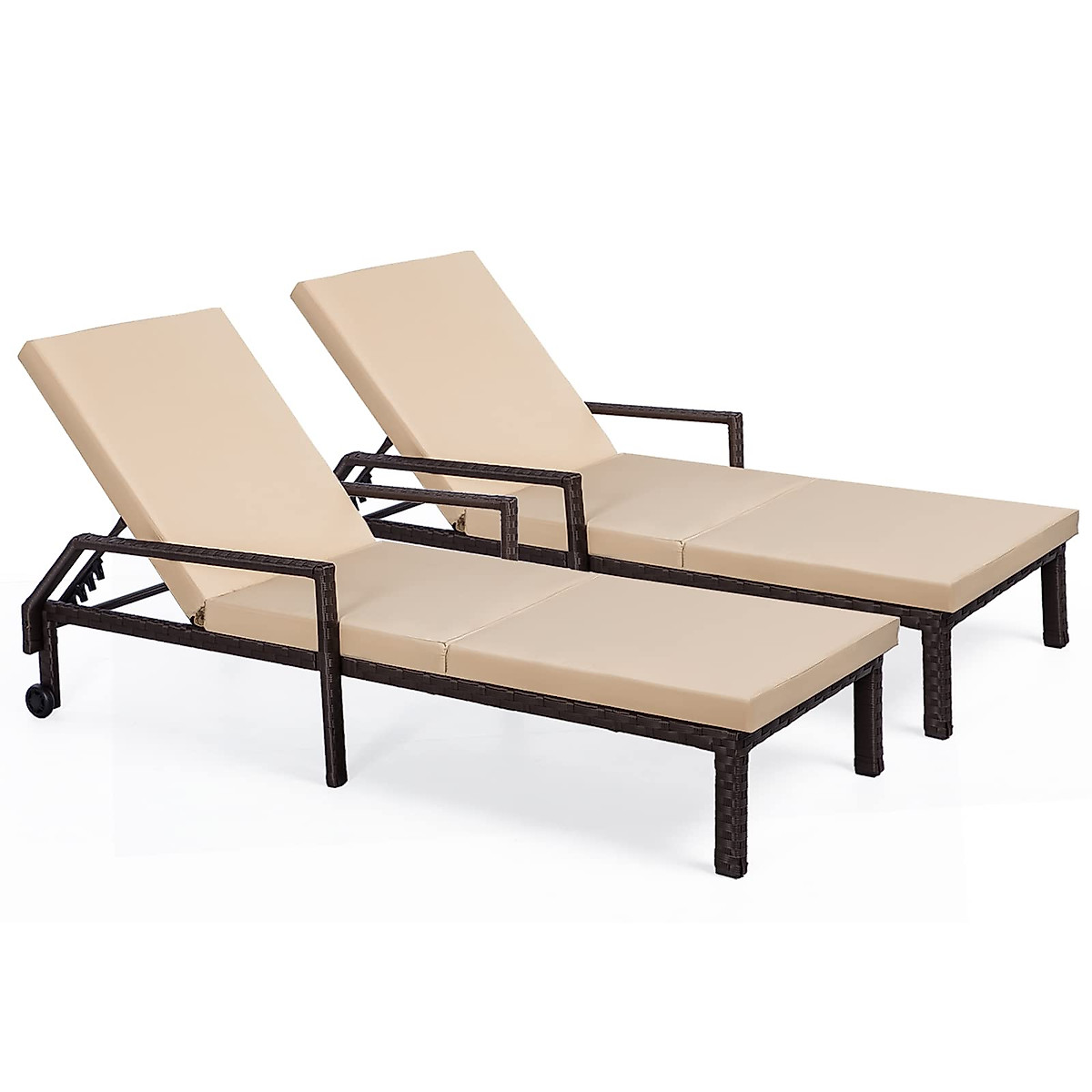 AECOJOY Outdoor Lounge Chairs Set of 2, Outdoor Chaise Lounge with Thickened Cushion and Adjustable Backrest for Poolside Backyard Deck Porch Garden, Brown Rattan with Beige Cushion