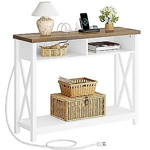 YITAHOME Farmhouse Console Table for Entryway with Charging Station, 40 inch Entryway Tables with Storage Shelf Narrow Sofa Table for Entryway, Living Room, Hallway, Grey Wash