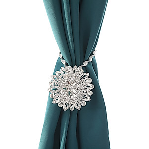 FURIJING Magnetic Crystal Curtain Tie Backs,Curtain Bling Tiebacks,Crystal Curtain Holdbacks,Tie Back Curtains Magnetic Drapery Tiebacks,Sparkling Flower Curtain Buckle Holder-FWF001Silver-2 Pack