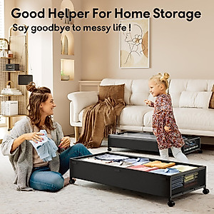 Under Bed Storage Containers with Wheels 2 Pack Underbed Shoe Storage Bedroom Storage Bins Organizer Large Capacity Under Bed Storage with Lid for Clothes Shoes Toys Blankets (Black)