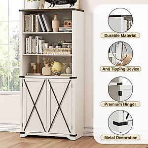 Farmhouse Bookshelves and Bookcases with Doors, Antique White Tall Bookshelf with Storage Cabinet, Kitchen Pantry Bathroom Organizer, 5-Tier Country Rustic Display Rack for Living Room, Home, Office