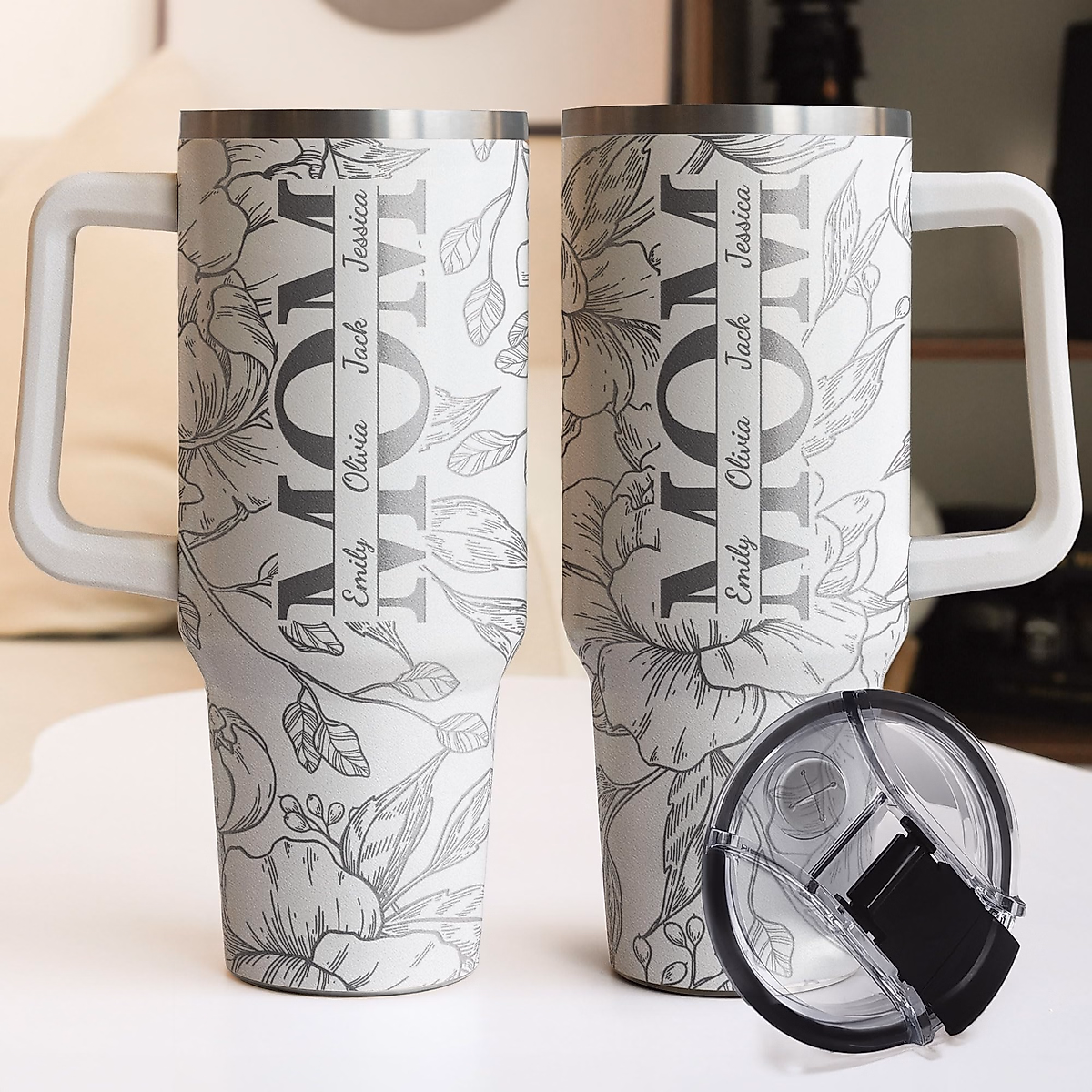 Pandzee Personalized Engraved 40oz Tumbler, Custom Kids' Names Tumbler, Floral Mom Mother's Day Gifts, Gift for Grandma Grandmother