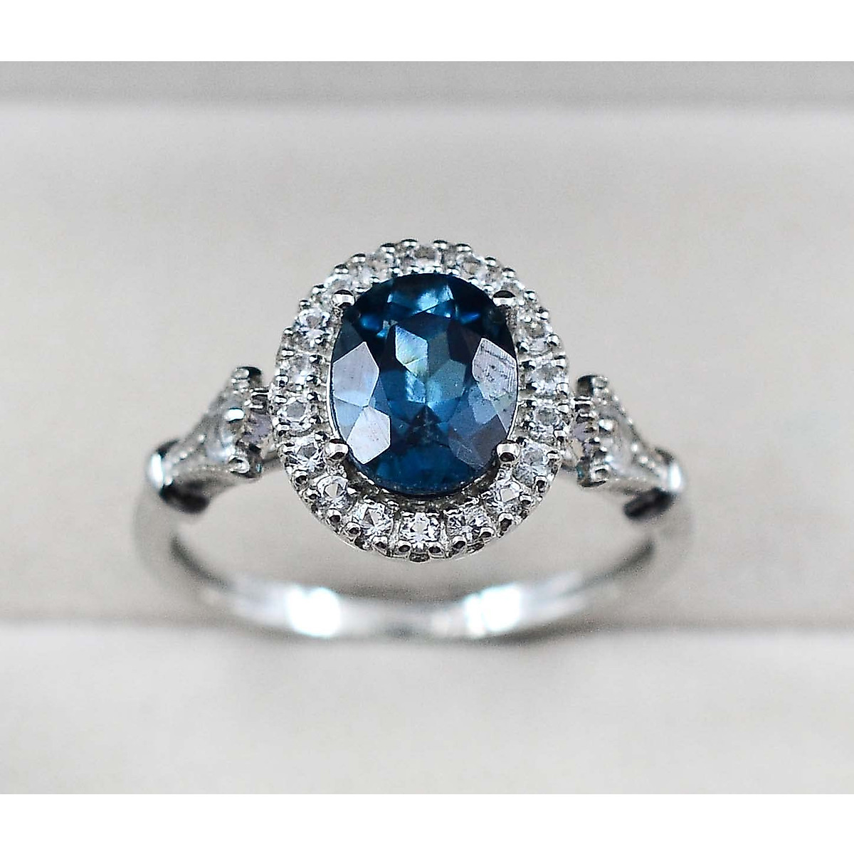 Natural 9X7 MM London Blue Topaz Gemstone Oval Cut 925 Sterling Silver December Birthstone Statement Ring For Engagement Gift (Rhodium Plated Silver, 8.5)