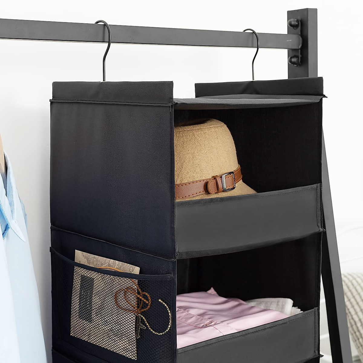 DonYeco 4-Shelf Hanging Closet Organizers and Storage, Collapsible Closet Storage Organizer with 4 Side-Pockets, for RV Wardrobe Camp, Hanging Organizer for Shoes Toys Baby Clothes