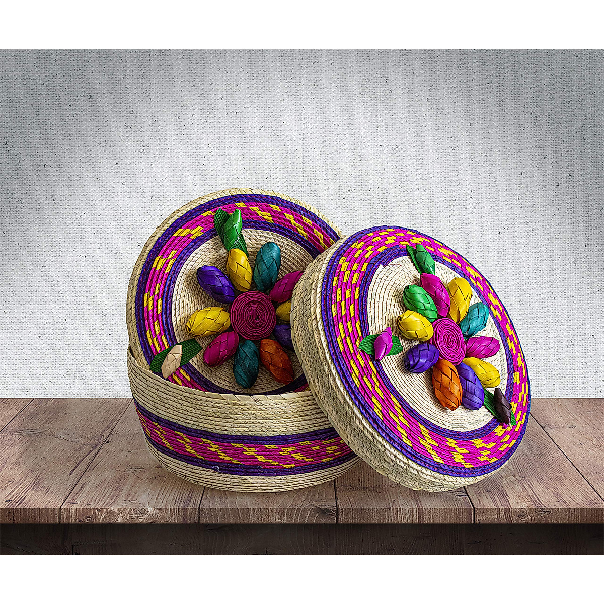 2-Pack Genuine Mexican Handwoven Tortilla Basket, Fiesta Mexican Tortilla Warmer, Tortilla Holder, Tortillero, Palm Straw Baskets Handmade in Mexico, Mexican Bowls (1, Floresita)