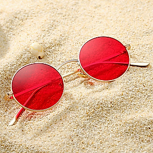 COASION Vintage Round Metal Sunglasses Small Red Halloween Glasses for Women Men (Gold Frame/Red Lens)
