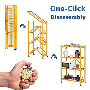 ShanSon Storage Shelves with Wheels 4 Tier Heavy Duty Foldable Metal Rack Storage Shelving Units for Garage Kitchen，Yellow