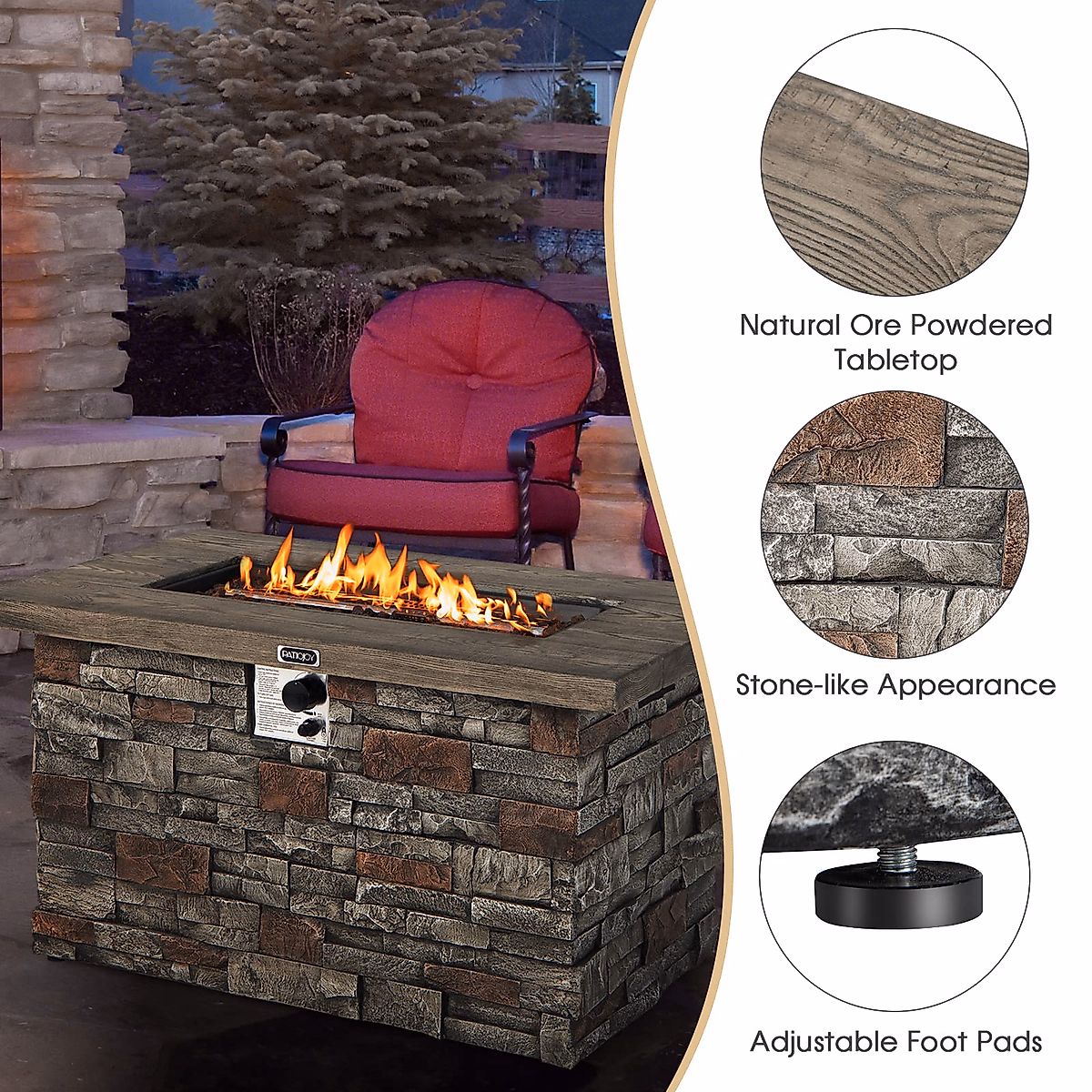 Tangkula 50,000 BTU Propane Fire Pit Table, Patiojoy 43.5 Inch Rectangle Fire Table with Faux Stone Surface, Outdoor Gas Fire Pit Table with Stainless Steel Burner, Waterproof PVC Cover, Lava Rocks