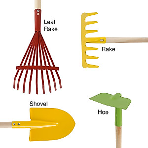 Hey! Play! Kid’s Garden Tool Set with Child Safe Shovel, Rake, Hoe and Leaf Rake– 4 Piece Gardening Kit with Long Wood Handles for Boys and Girls