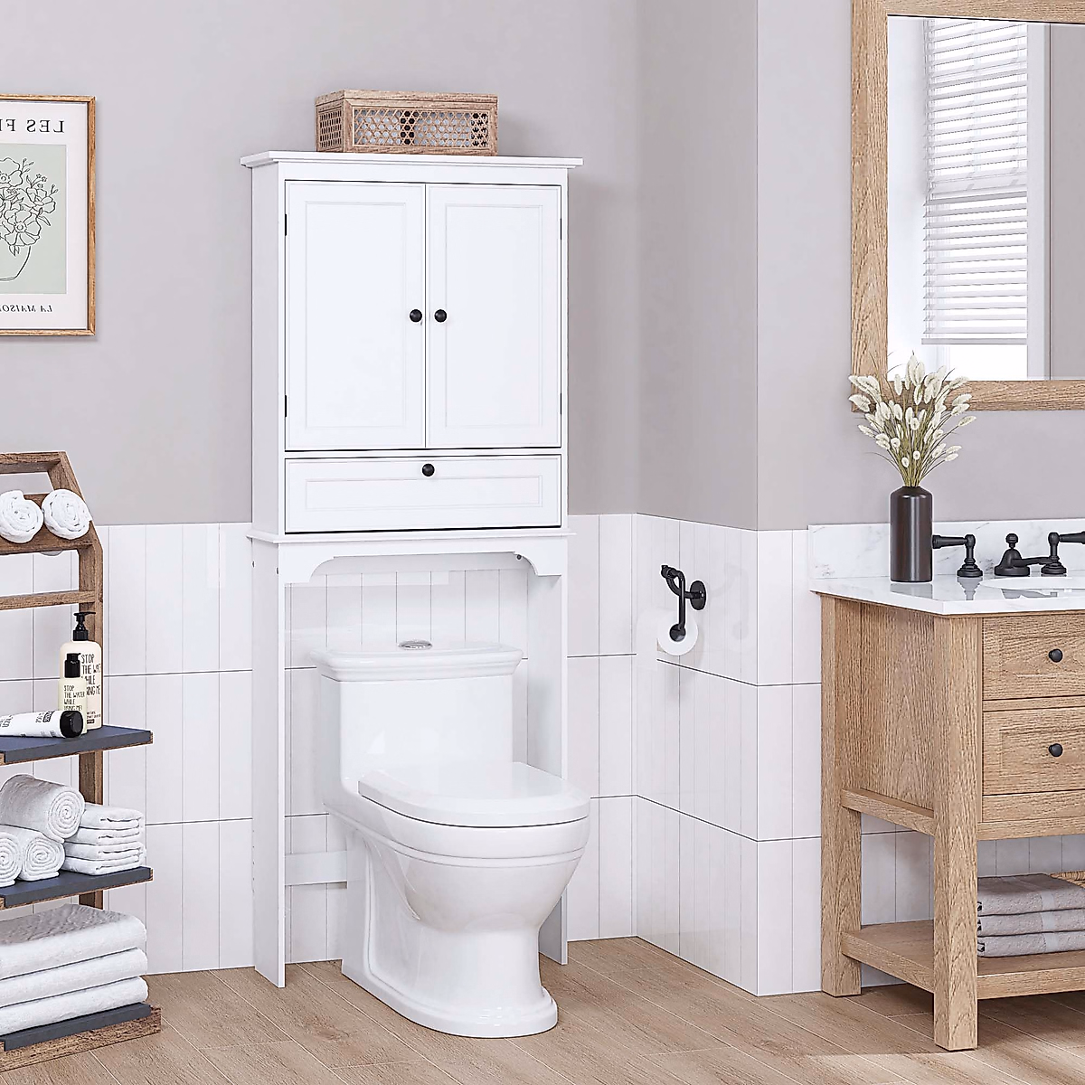 Spirich Over The Toilet Storage Cabinet, Bathroom Above Toilet Storage Cabinet with Doors and Adjustable Shelves, White
