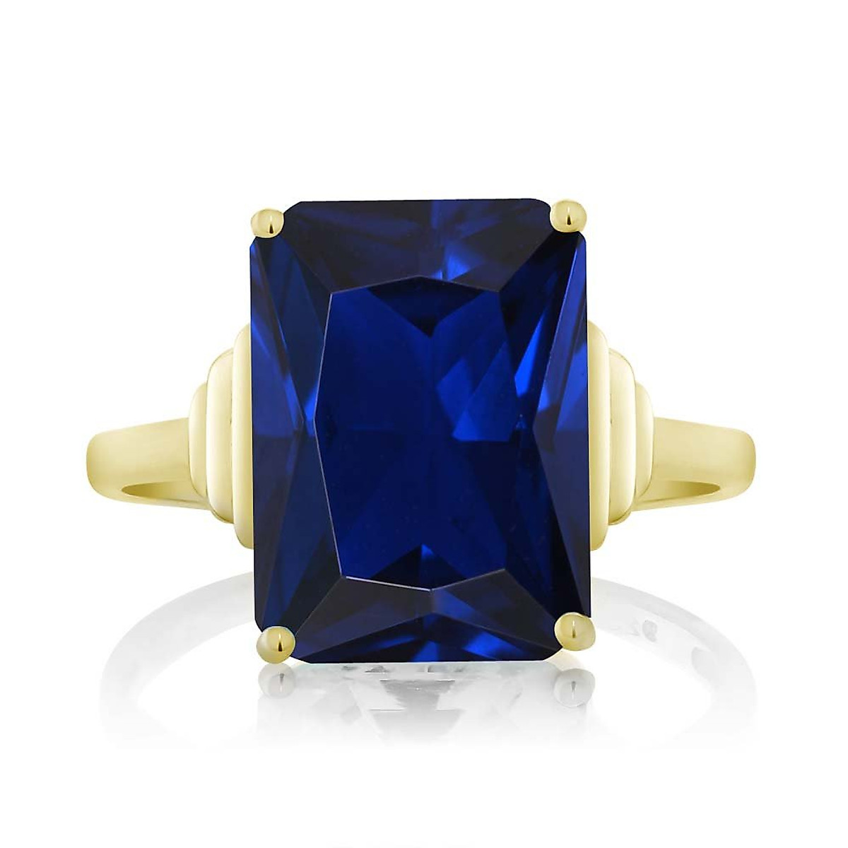 Gem Stone King 18K Yellow Gold Plated Silver Blue Created Sapphire Ring For Women (10.00 Cttw, Emerald Cut 14X10MM, Gemstone September Birthstone, Available In Size 5, 6, 7, 8, 9)