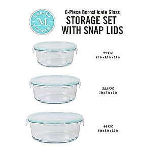 Martha Stewart Lamoine 6 Piece 44 oz, 32 oz, 22 oz Round Storage Borosilicate Glass Container Set w/PP Snap Martha Blue Lids