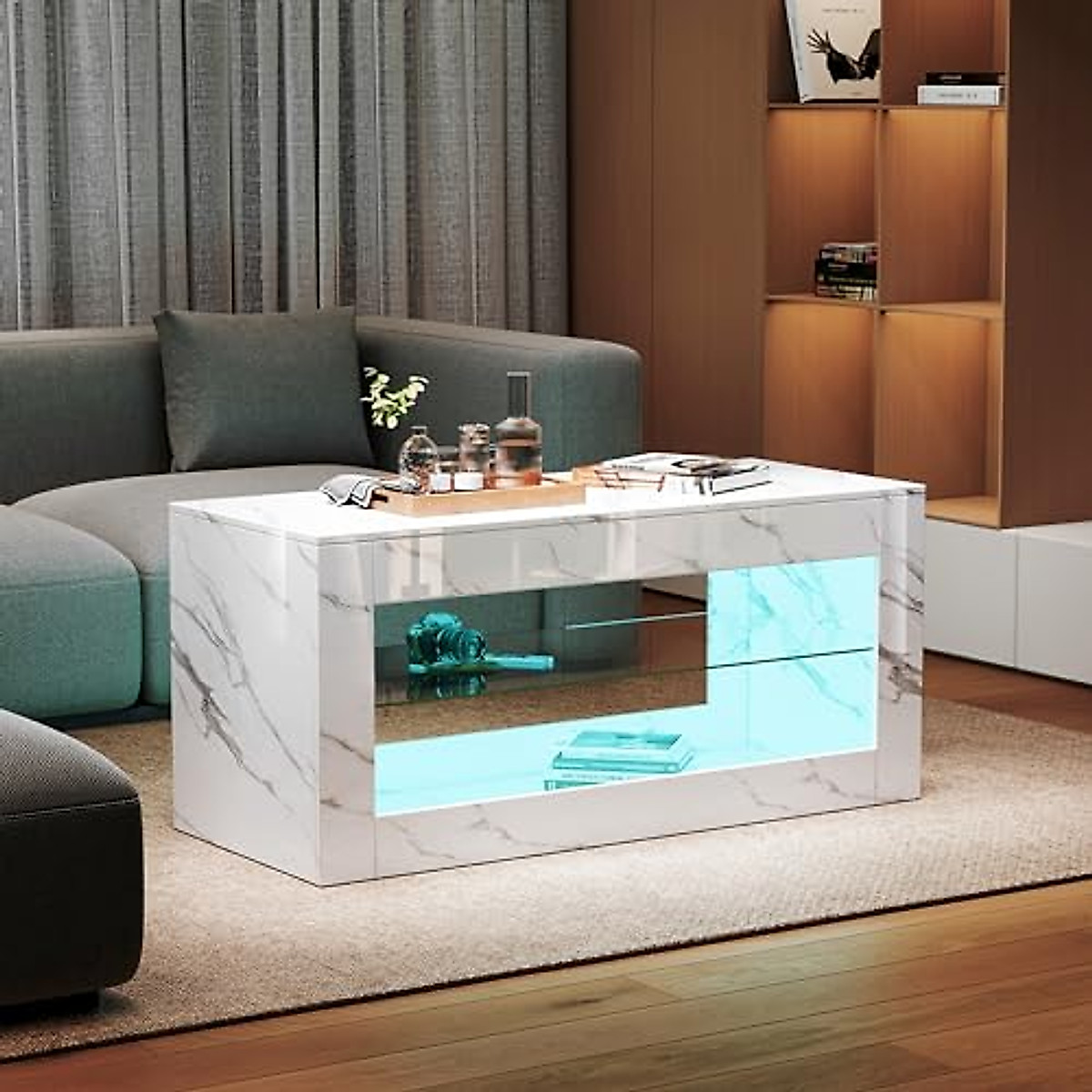 Coffee Tables for Living Room, Modern High Gloss Marble Print Center Table with Glass Open Storage and LED Lights - Stylish Home Decor for Coffee and More, White with Gloss