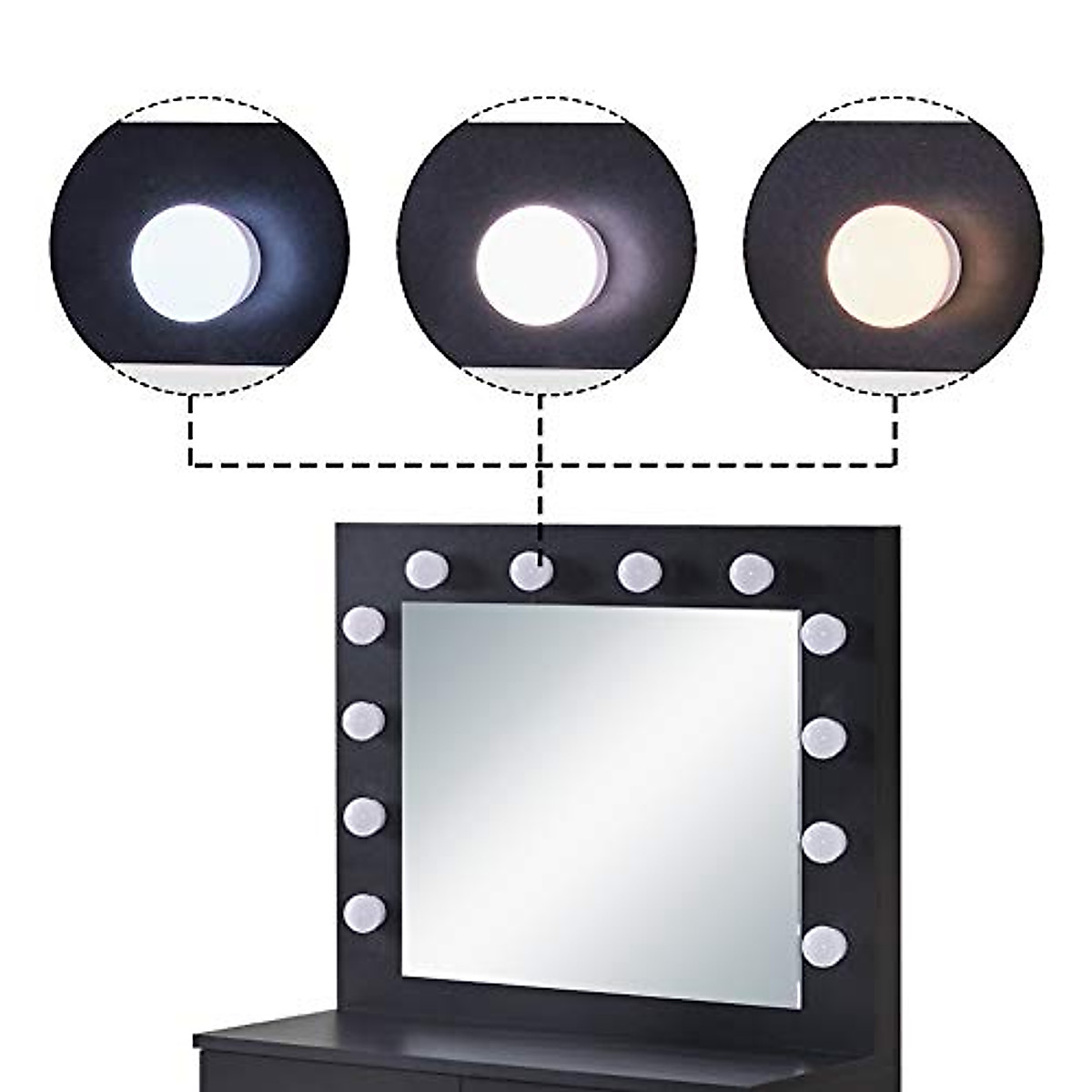 OFCASA Vanity Desk with Mirror and Lights, Vanity Set with 3 Colors Lights, Makeup Table with Mirror and Chair, Adjustable Nightstand, Solid Wood Legs, Bedroom Dressing Table (Black)