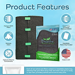 Breathe Naturally Replacement Filters Compatible with Honeywell Air Purifier 38002, HRF-APP1 & More - Activated Charcoal Prefilter - Made in USA - 16" x 48" x 0.2" (Pack of 2 Carbon Prefilters)