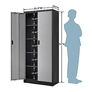 YEEZER Metal Garage Storage Cabinet - 71" Steel Lockable File Cabinet with 2 Doors and 4 Adjustable Shelves. Locking Cabinet for Home, Office, Garage, Gym, School