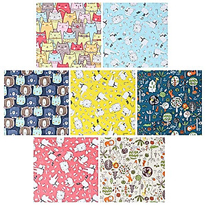 HEALLILY Kids Sheets 7pcs Animal Printed Cotton Fabric Sewing Fabric Squares Quilting DIY Sewing Precut Fabric Sheets Patchwork Quilted Bed Sheets