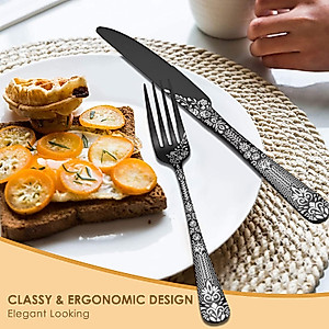 EUIRIO 36-Piece Black Silverware Set with Steak Knives, Black Flatware Set for 6, Stainless Steel Mirror Cutlery Set, Spoons Forks Knives Set with Unique Floral Laser, Eating Utensils, Dishwasher Safe