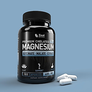 Premium Chelated Magnesium Glycinate, Malate, Citrate (400mg | 180 Capsules) Triple Blend Magnesium Complex