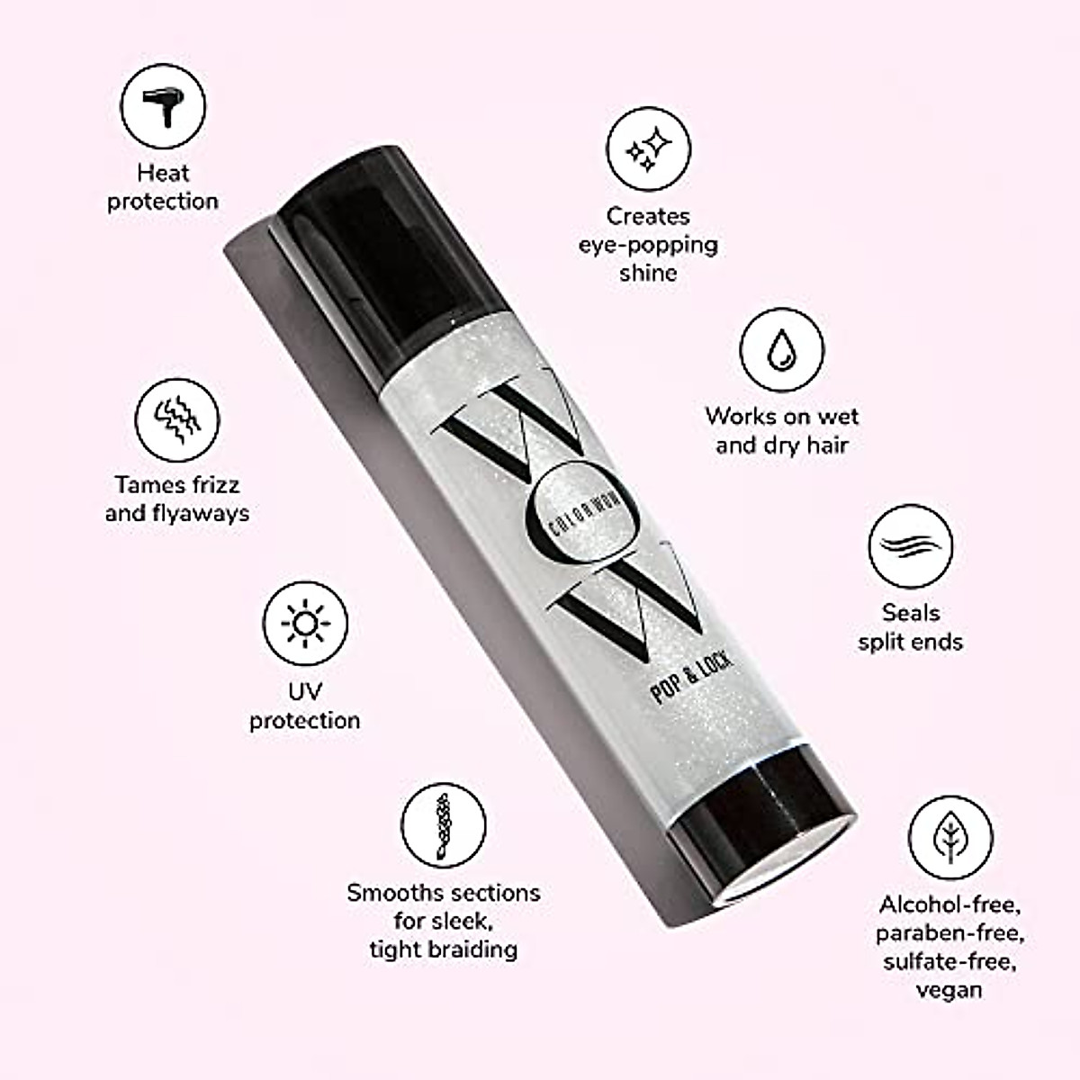 Color Wow Pop + Lock Frizz Control + Glossing Serum – Anti frizz serum with heat protection; Seals split ends; Moisturizes; Prevents color fade; UV protection; Silkens and shines dull, dehydrated hair