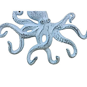 Rustic Dark Blue Whitewashed Cast Iron Octopus Hook 11 Inch - Decorative Hook - Sealife Metal Wall Hook