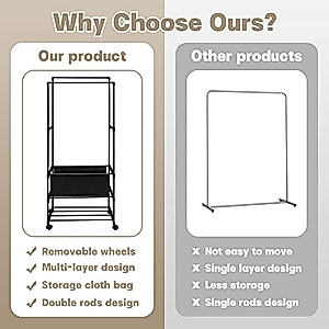 Double Rod Garment Rack, Rolling Clothes Rack, Industrial Pipe Hanging Clothes Rack with Wheels and Bottom Shelf, Freestanding Clothing Rack, Garment Rack Shoe Clothing Organizer Shelves (Black)