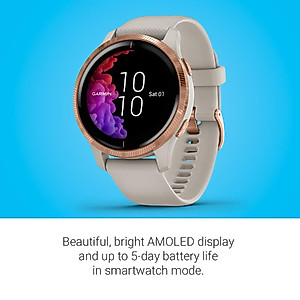 Garmin Venu - GPS Smartwatch with Bright Touchscreen Display - Music, Body Energy Monitoring, Animated Workouts, Pulse Ox Sensor and More - Rose Gold with Tan Band (Renewed)